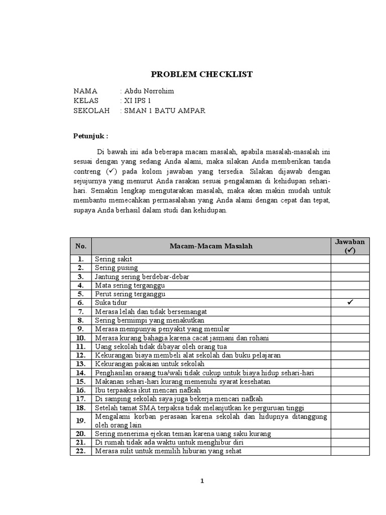 Angket Problem Checklist | PDF