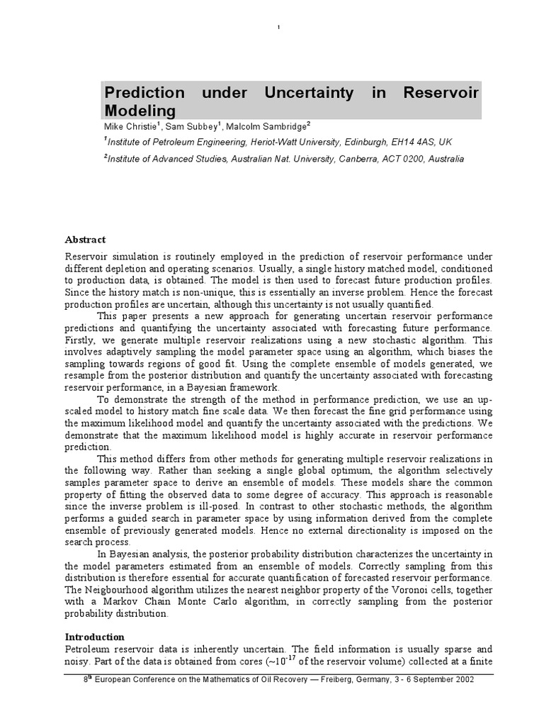 Prediction Under Uncertainty in Reservoir Modeling: Mike Christie, Sam Subbey, Malcolm Sambridge ...