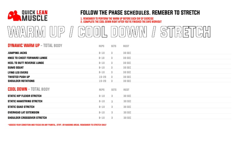 Warm Up / Cool Down / Stretch: Follow The Phase Schedules. Remeber To ...