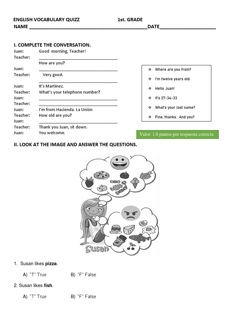 English Vocabulary Quizz 1St. Grade NAME - DATE | PDF