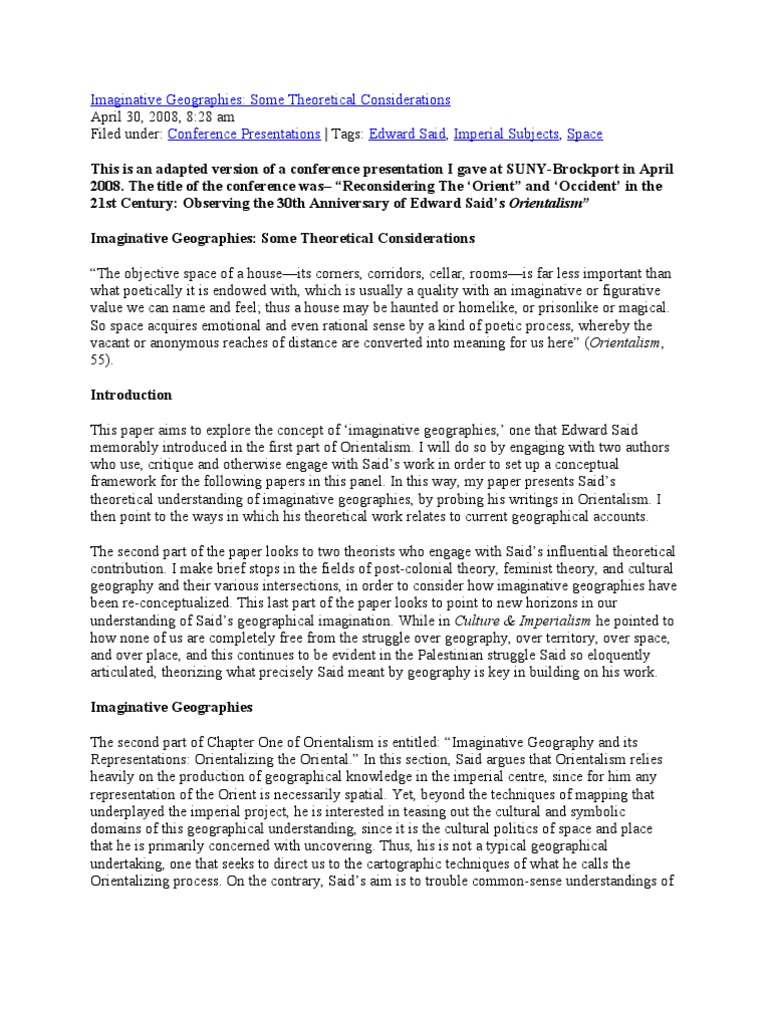 Imaginative Geographies | PDF | Orientalism (Book) | Space