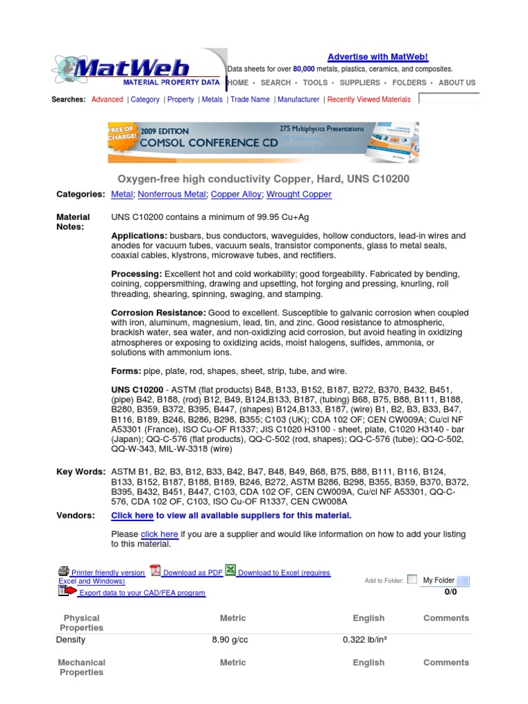 High Conductivity Copper, Hard, UNS C10200 (MatWeb) | PDF | Corrosion ...