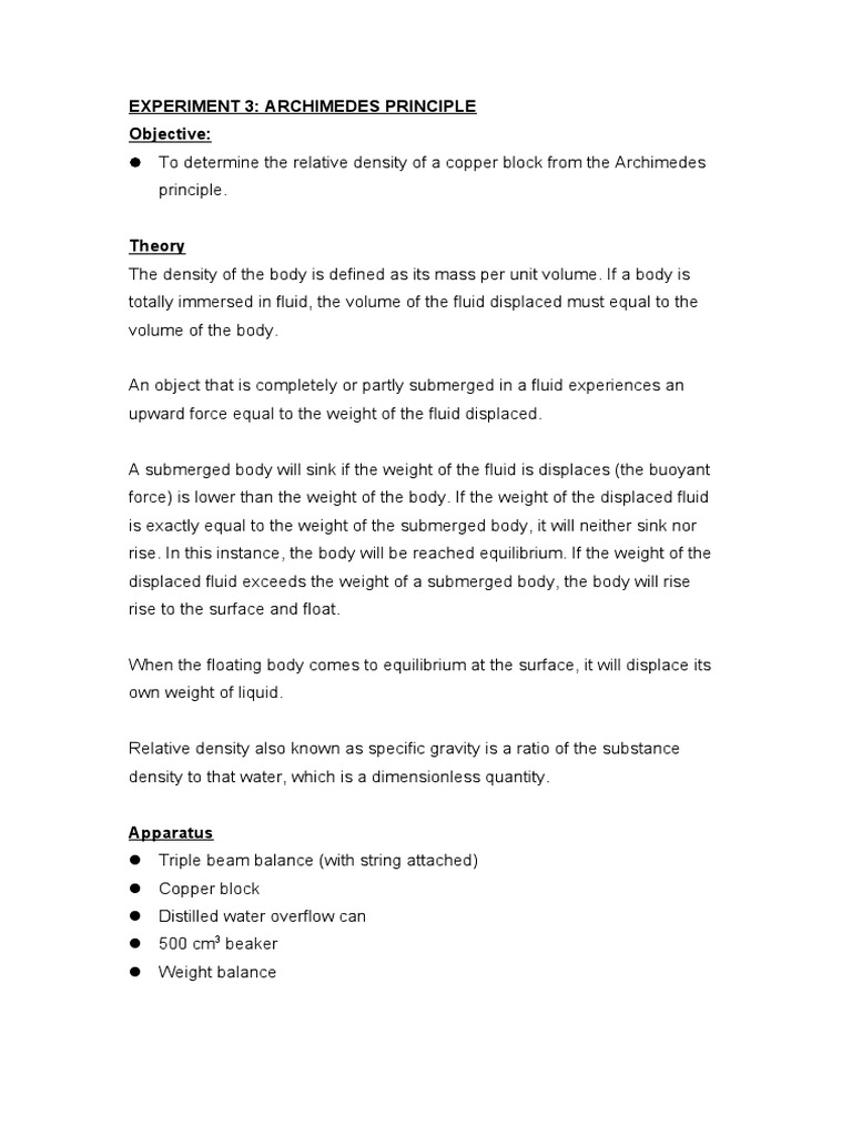 Experiment 3 (Archimedes Principle) | PDF | Buoyancy | Weight