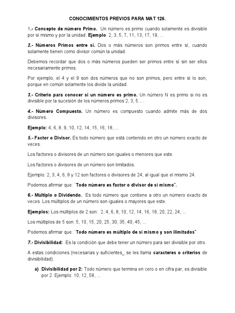 Conoc. Previos Mat 126 | PDF | Fracción (Matemáticas) | División (Matemáticas)