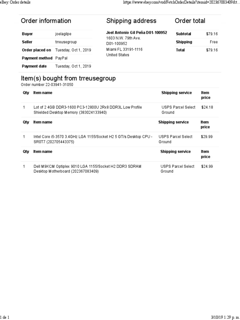 Order Details and Payment Confirmation for Computer Parts Purchased on ...