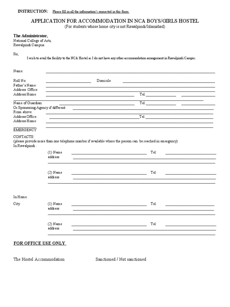 NCA Hostel Accommodation Application Form | PDF