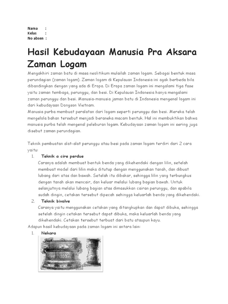Hasil Kebudayaan Manusia Pra Aksara Zaman Logam | PDF