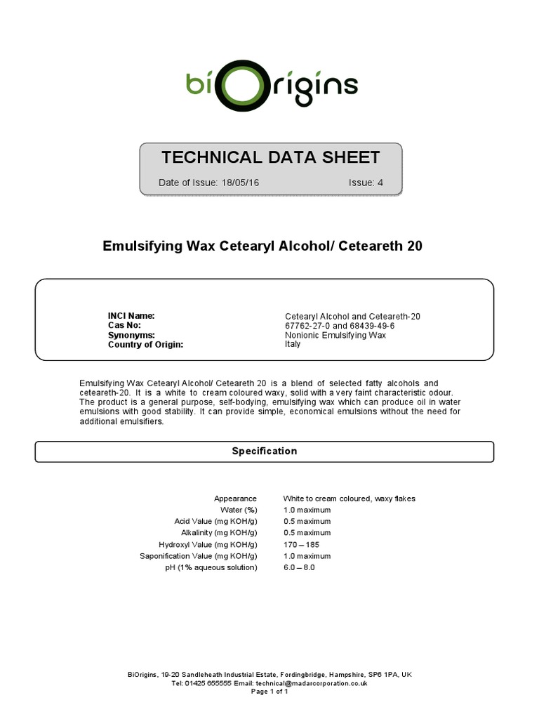 Cetearyl Alcohol & Ceteareth-20 Data Sheet | PDF