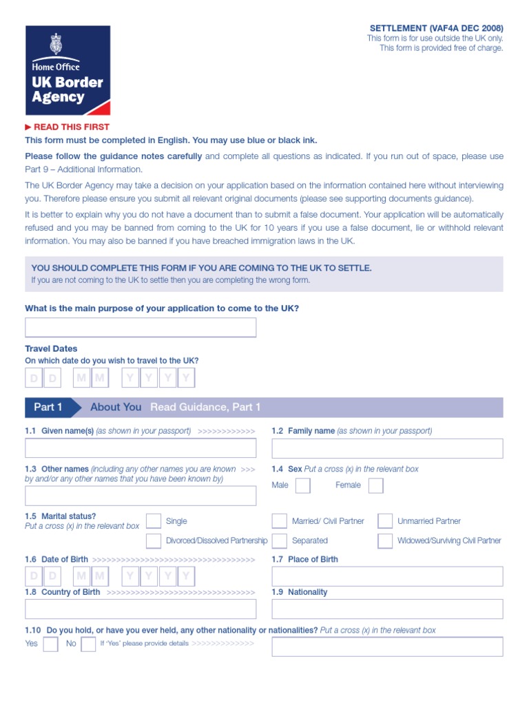 UK Settlement Application Form VAF4A | PDF | Travel Visa | Passport