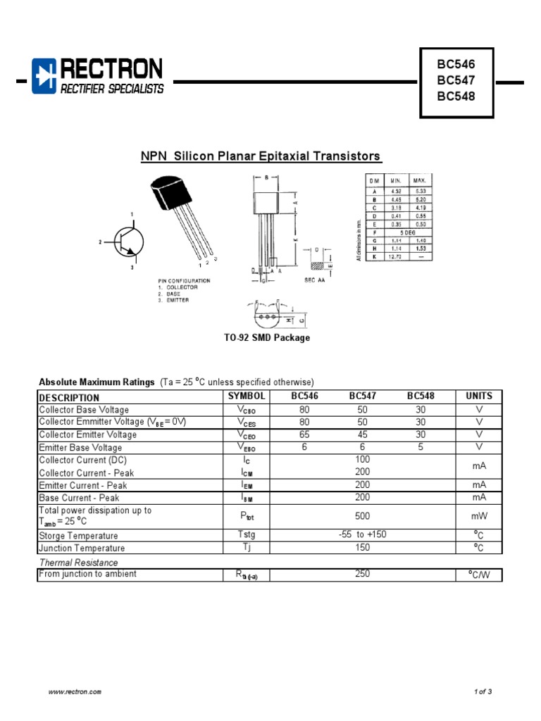 BC546 BC547 BC548: TO-92 SMD Package | PDF | Bipolar Junction ...