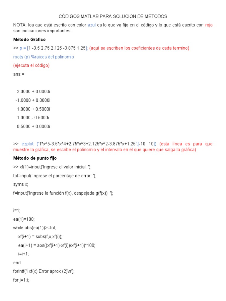 Códigos Matlab para Solucion de Métodos | PDF | Métodos y materiales de enseñanza