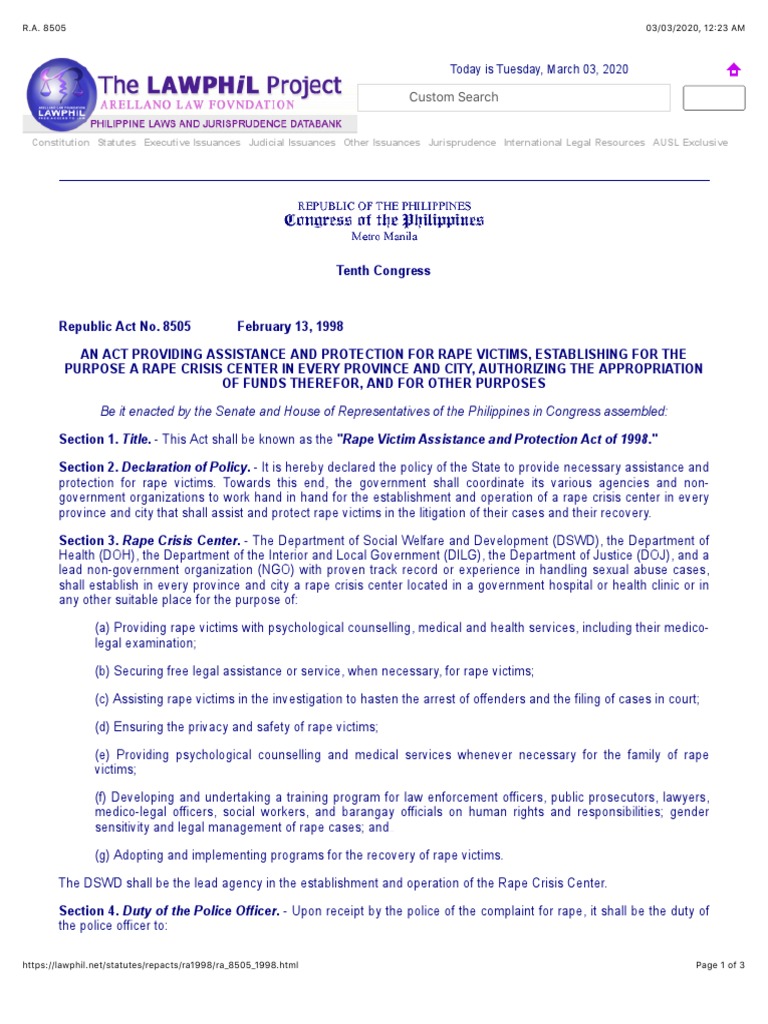 Rape Victim Assistance and Protection Act of 1998 (R.A. 8505) | PDF ...