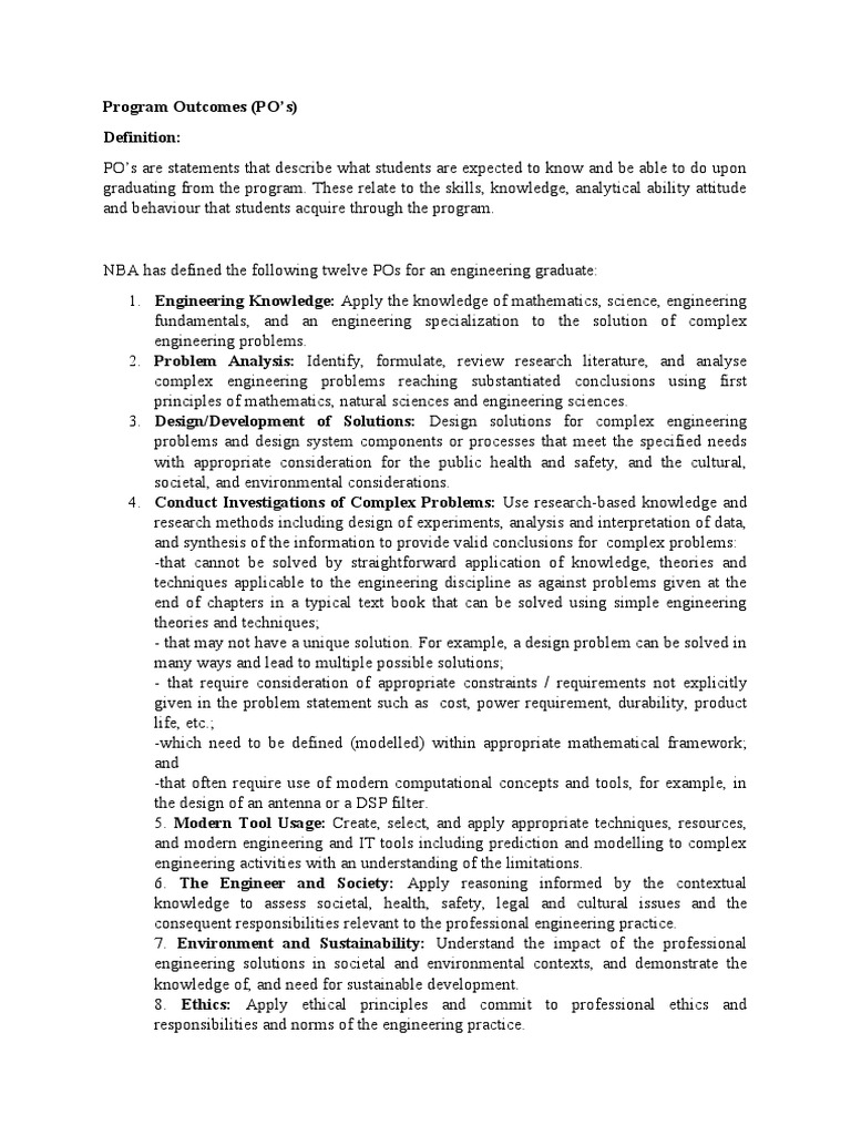 Program Outcomes (PO's) Definition | PDF | Engineering | Design