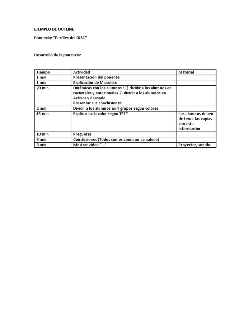 Ejemplo de Outline para Ponencia DISC | PDF | Estudios de idiomas ...