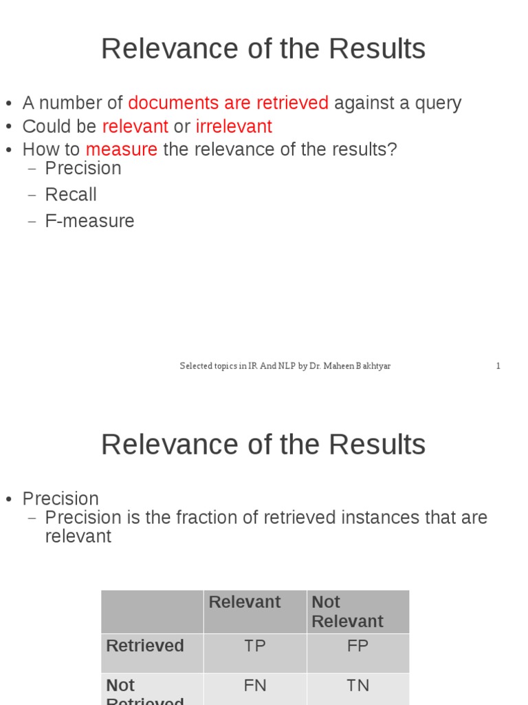 Relevance of The Results: Documents Are Retrieved Relevant Irrelevant ...