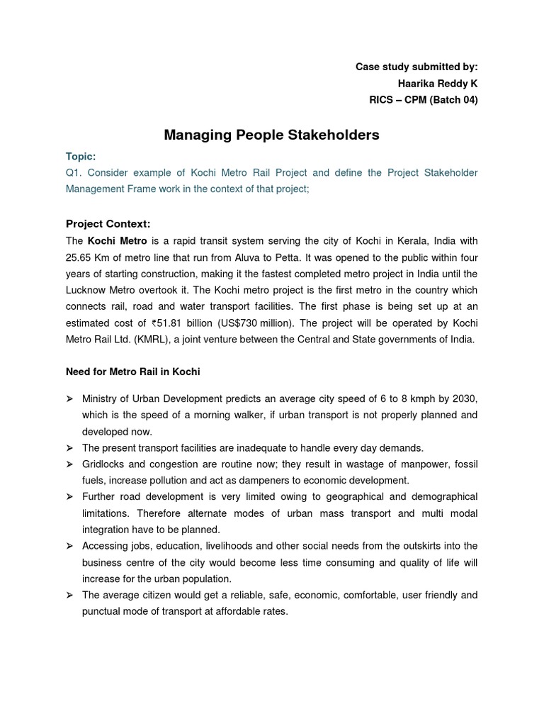 Stakeholder Management Case Study - Haarika PDF | PDF | Rapid Transit ...