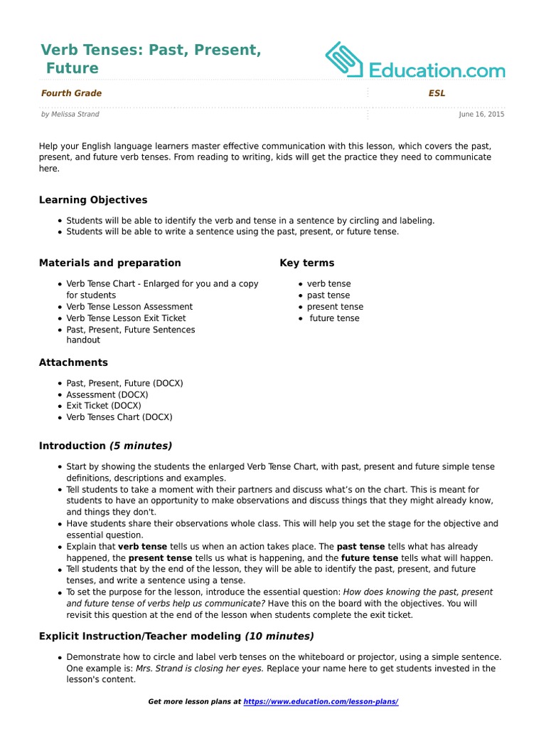 Verb Tenses: Past, Present, Future: Learning Objectives | PDF | Verb ...