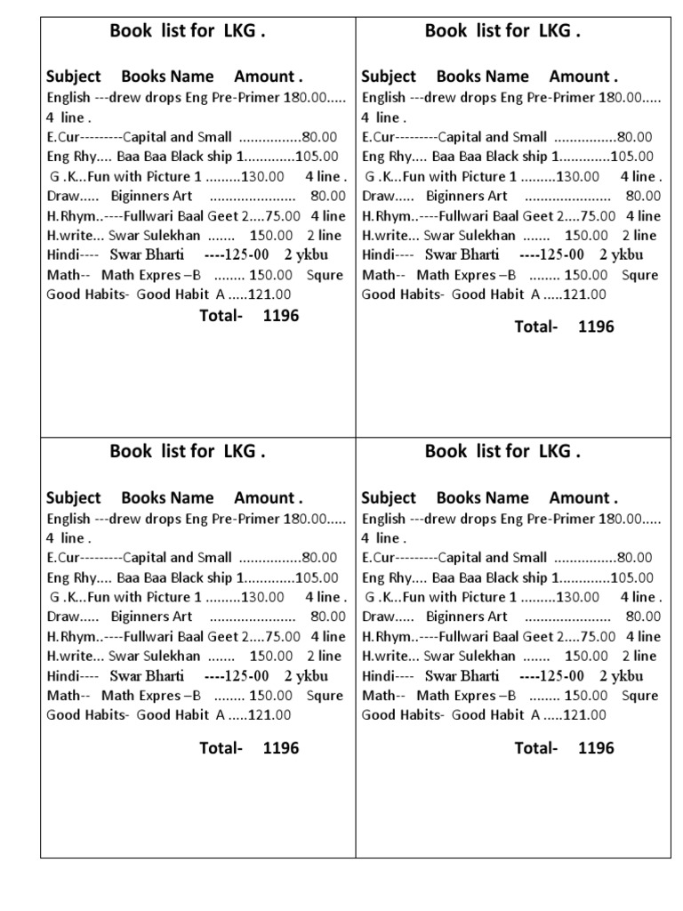 Book List For LKG - Book List For LKG .: Subject Books Name Amount ...