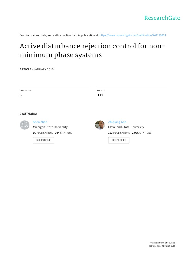 2010 - Active Disturbance Rejection Control For Non-Minimum Phase Systems | PDF | Control Theory ...