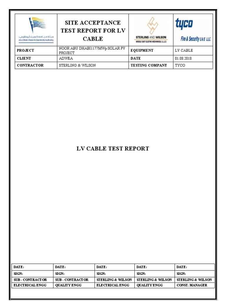 Site Acceptance Test Report For LV Cable | PDF | Electronics | Physical ...