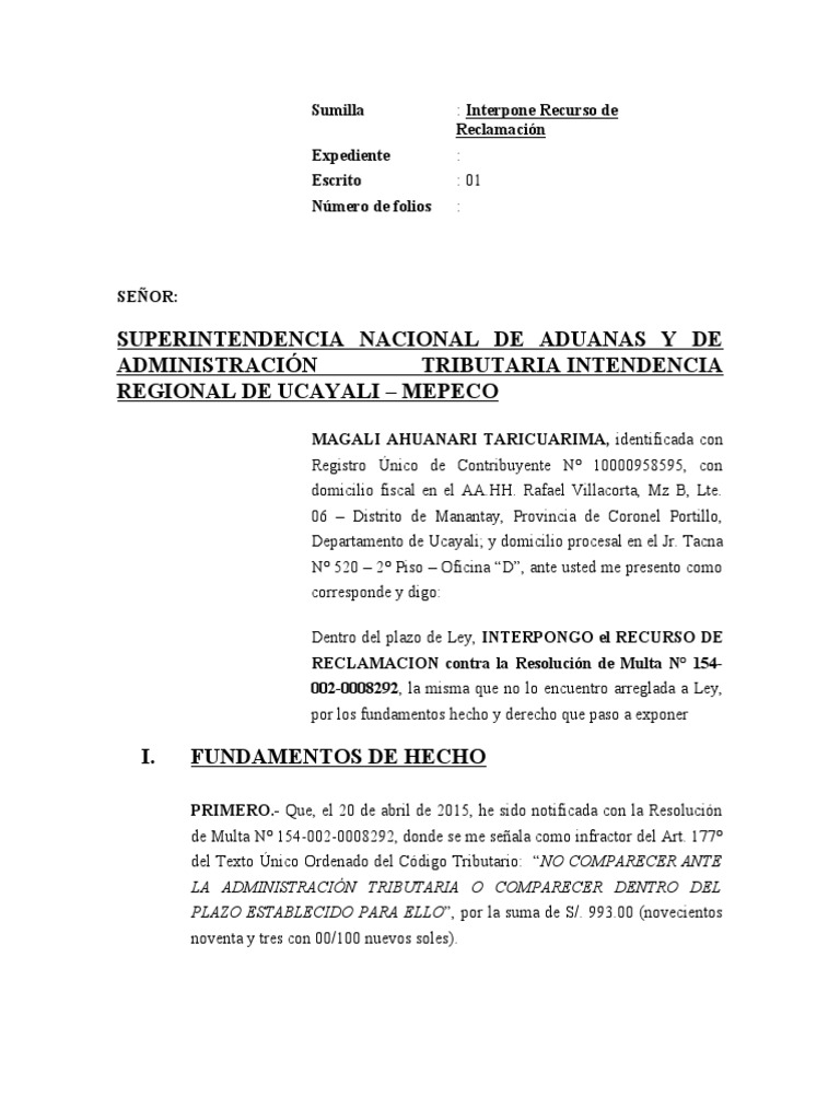 Recurso de Reclamacion Sunat | PDF | Gobierno | Justicia
