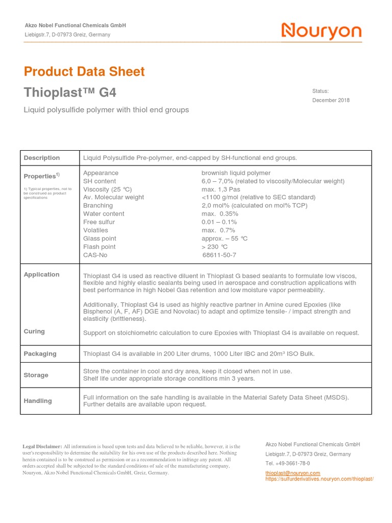 Product Data Sheet: Thioplast™ G4 | PDF | Epoxy | Physical Chemistry