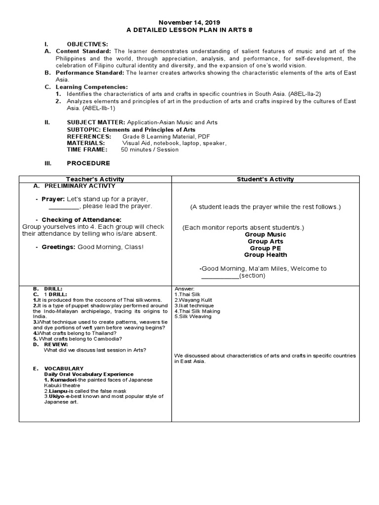 November 14, 2019 A Detailed Lesson Plan in Arts 8 | PDF | Weaving ...