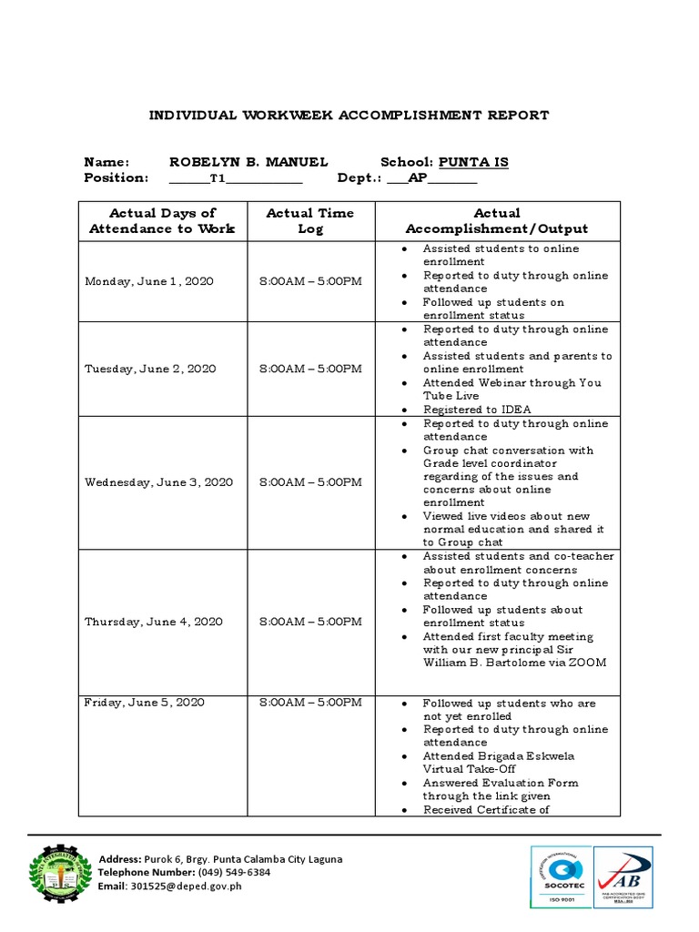Robelyn B. Manuel Individual-Workweek-Accomplishment-2020-2021 | PDF ...