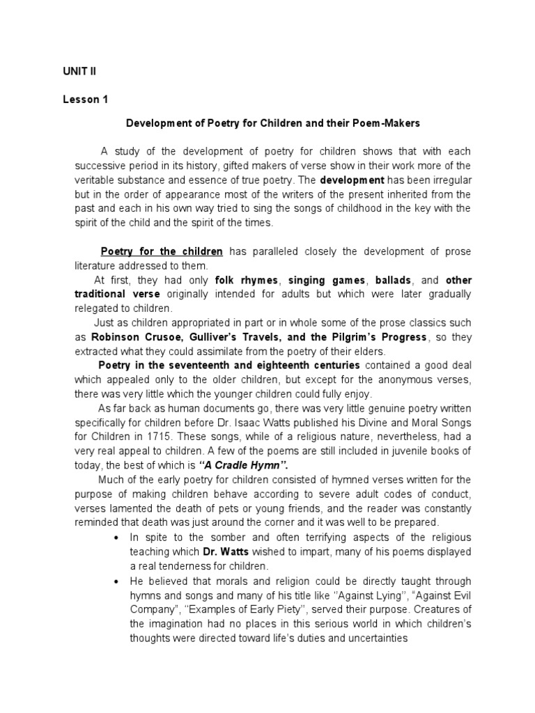 Unit Ii Lesson 1 Development of Poetry For Children and Their Poem ...