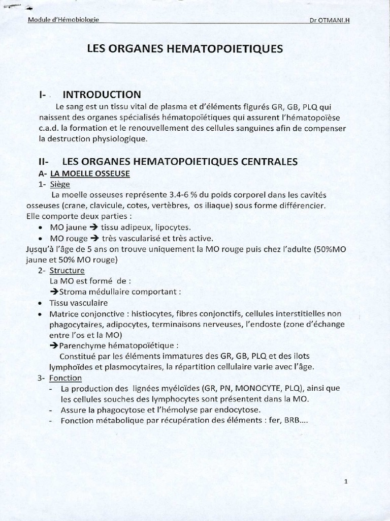 Hemobiologie 02 Les Organes Hematopoietiques PDF | PDF