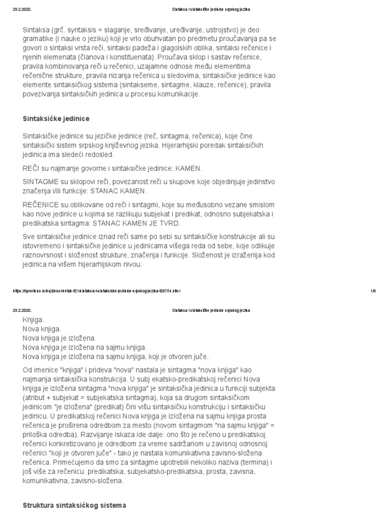 Sintaksa I Sintaksičke Jedinice Srpskog Jezika | PDF