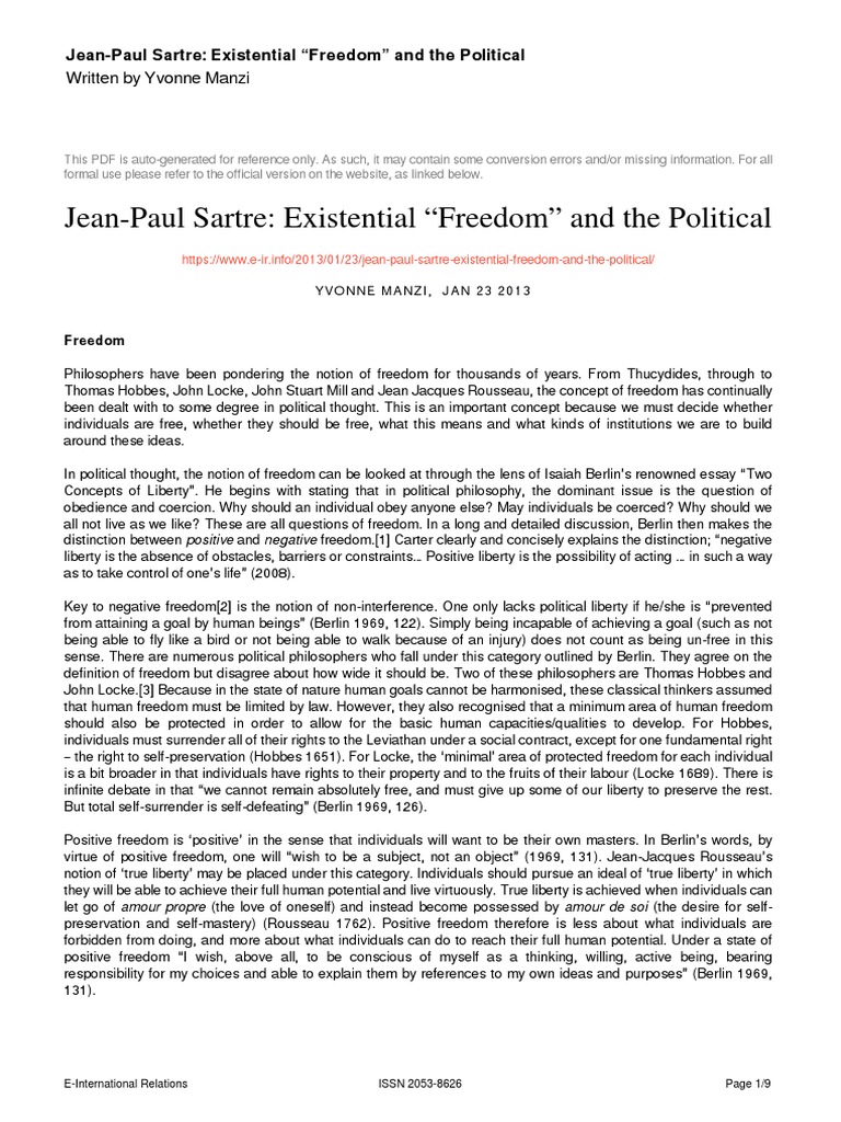 Jean-Paul Sartre: Existential "Freedom" and The Political: Written by ...
