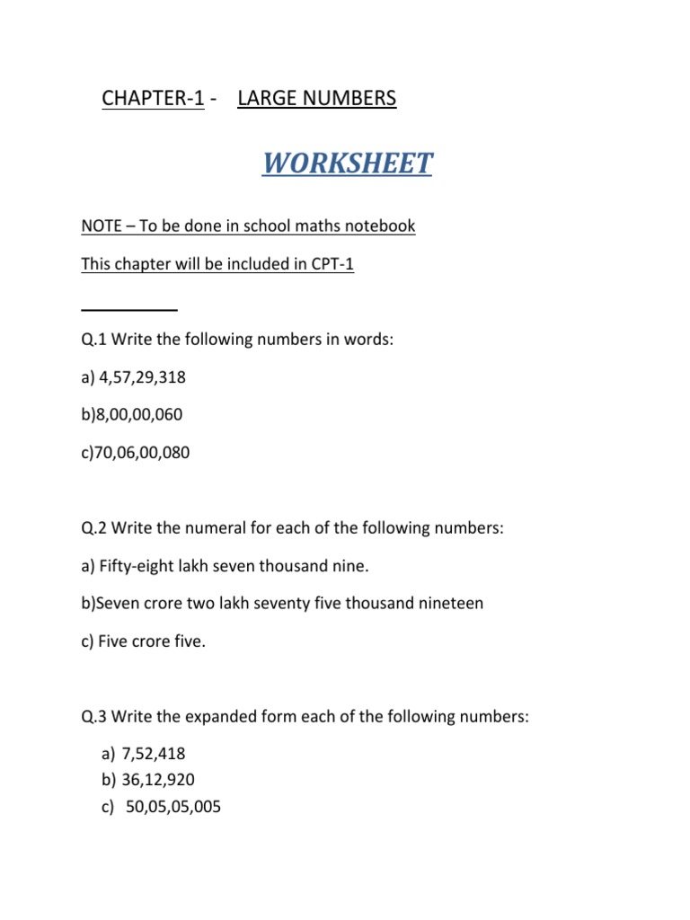 Class-5 Maths Worksheet-1A | PDF