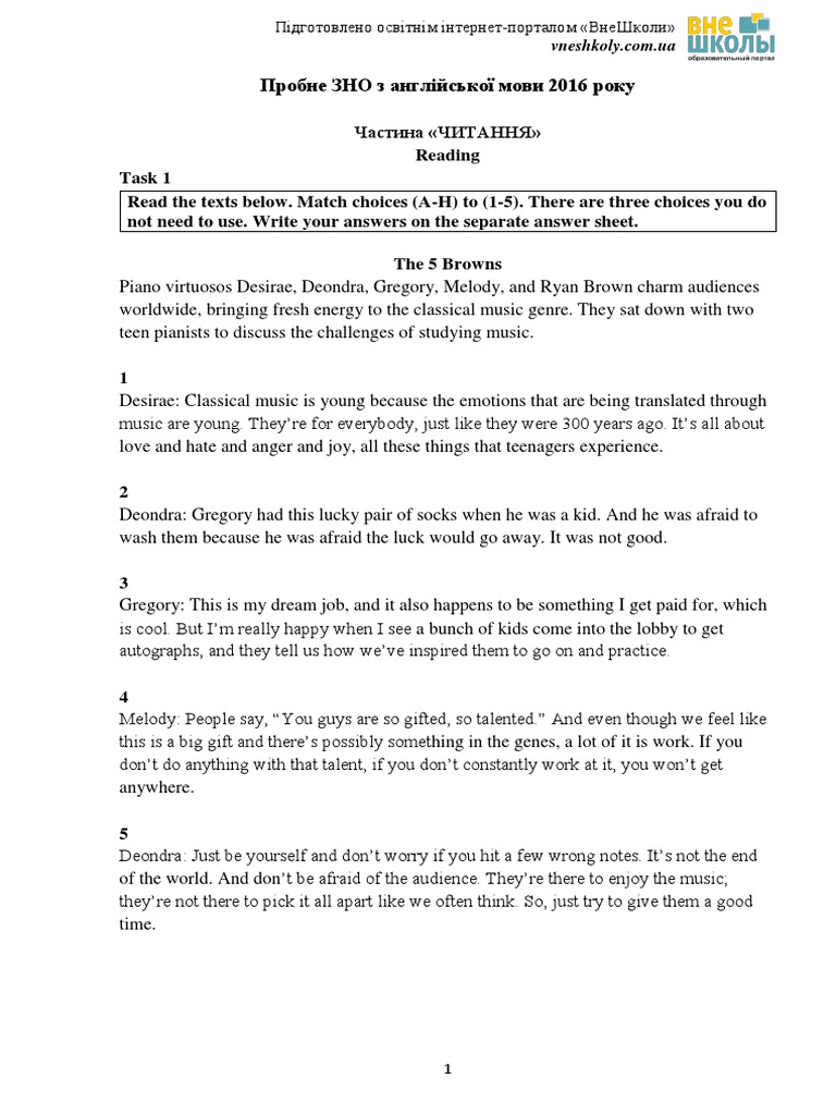 Частина «ЧИТАННЯ» Reading Task 1 Read the texts below. Match choices (A-H) to (1-5) - There are ...