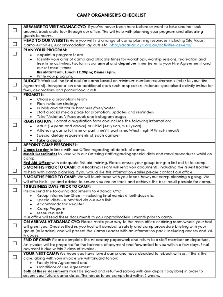 Camp Organisers Checklist | PDF | Meal | Business