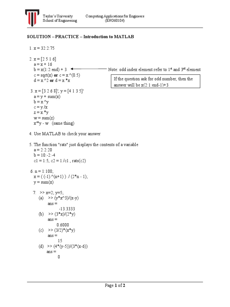 SOLUTION - PRACTICE - Introduction To MATLAB | PDF | Computers