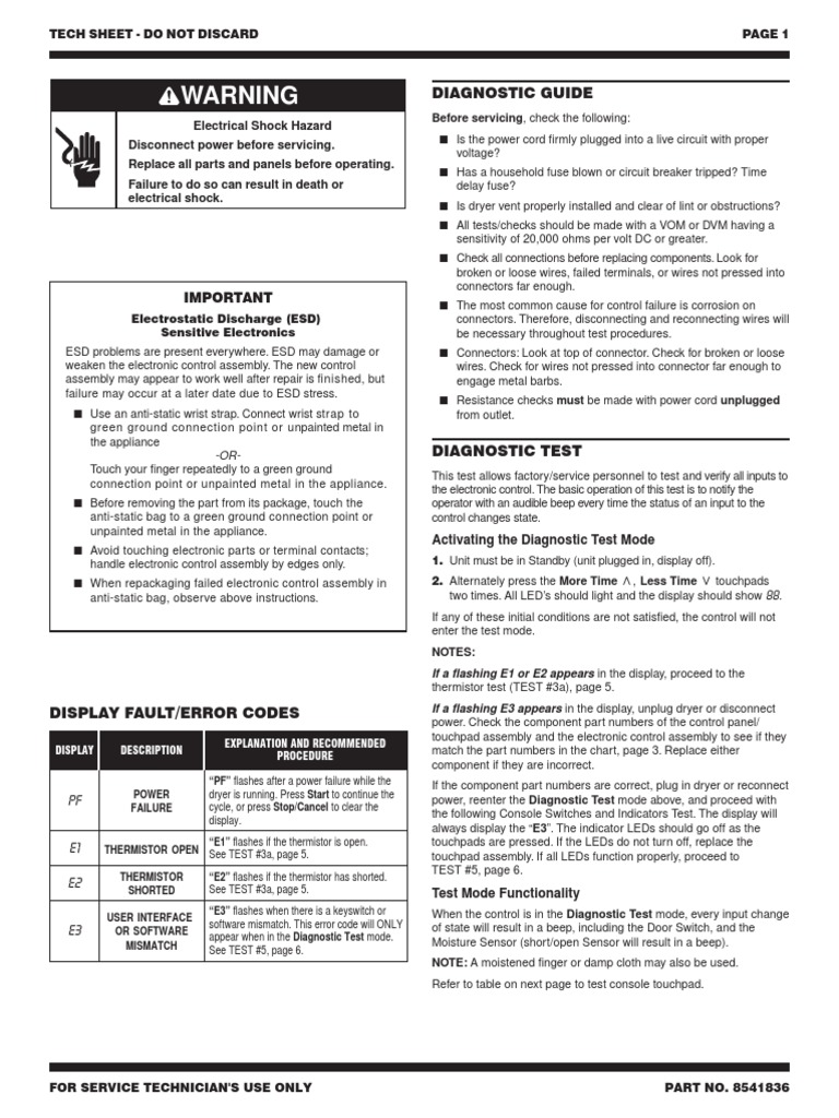 Whirlpool Calypso Dryer Tech - Sheet / Service Manual 8541836 | PDF ...