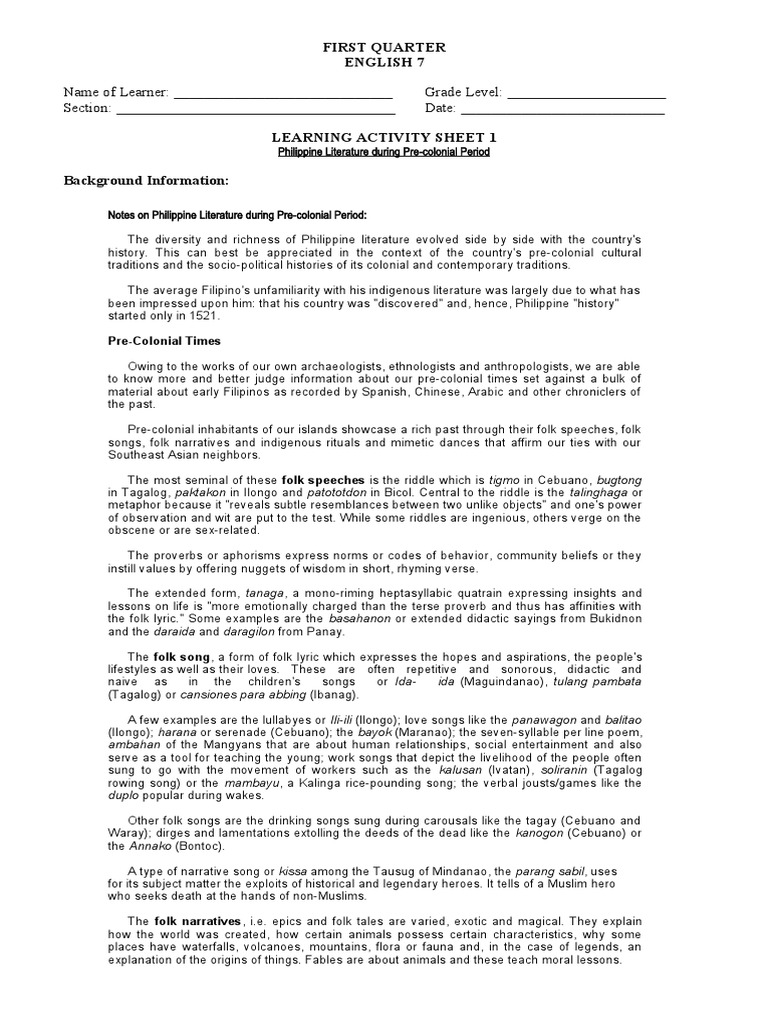 Pre-Colonial Philippine Literature | PDF | Riddle | Folklore