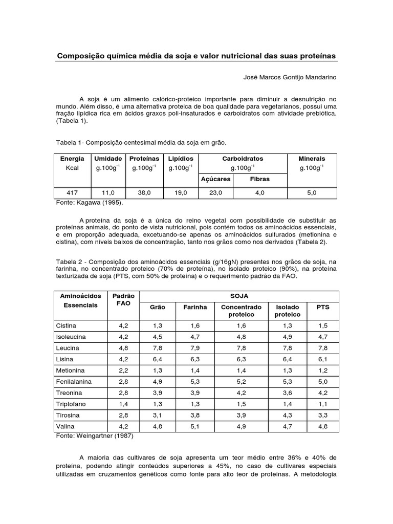 Composição Química Média e Valor Nutricional Dos Grãos de Soja | PDF ...