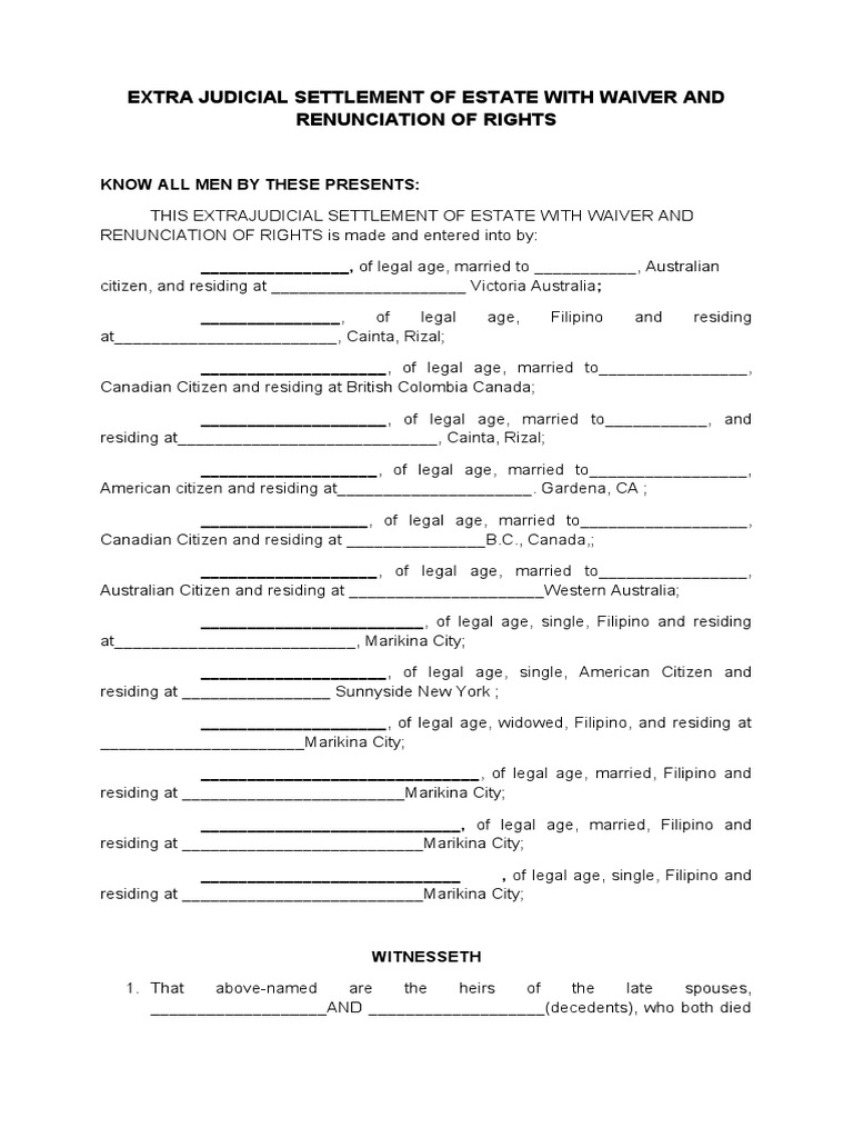 Extrajudicial Settlement of Estate and Waiver of Inheritance Rights by ...