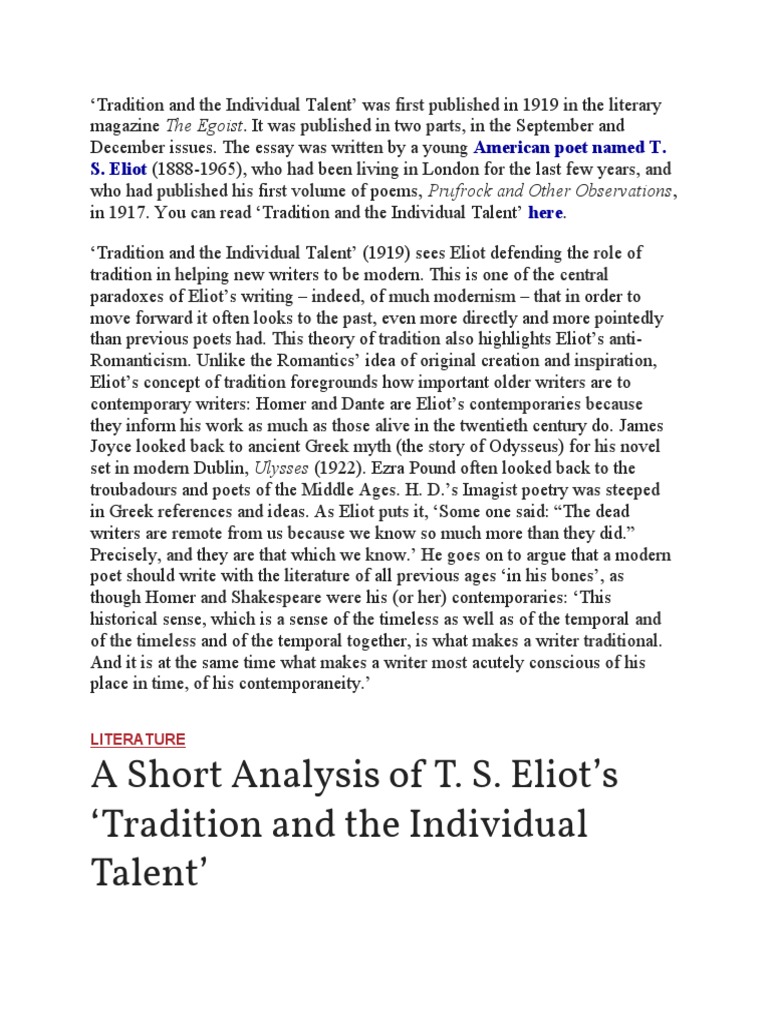 Tradition and The Individual Talent Eliot | PDF | T. S. Eliot | Writing