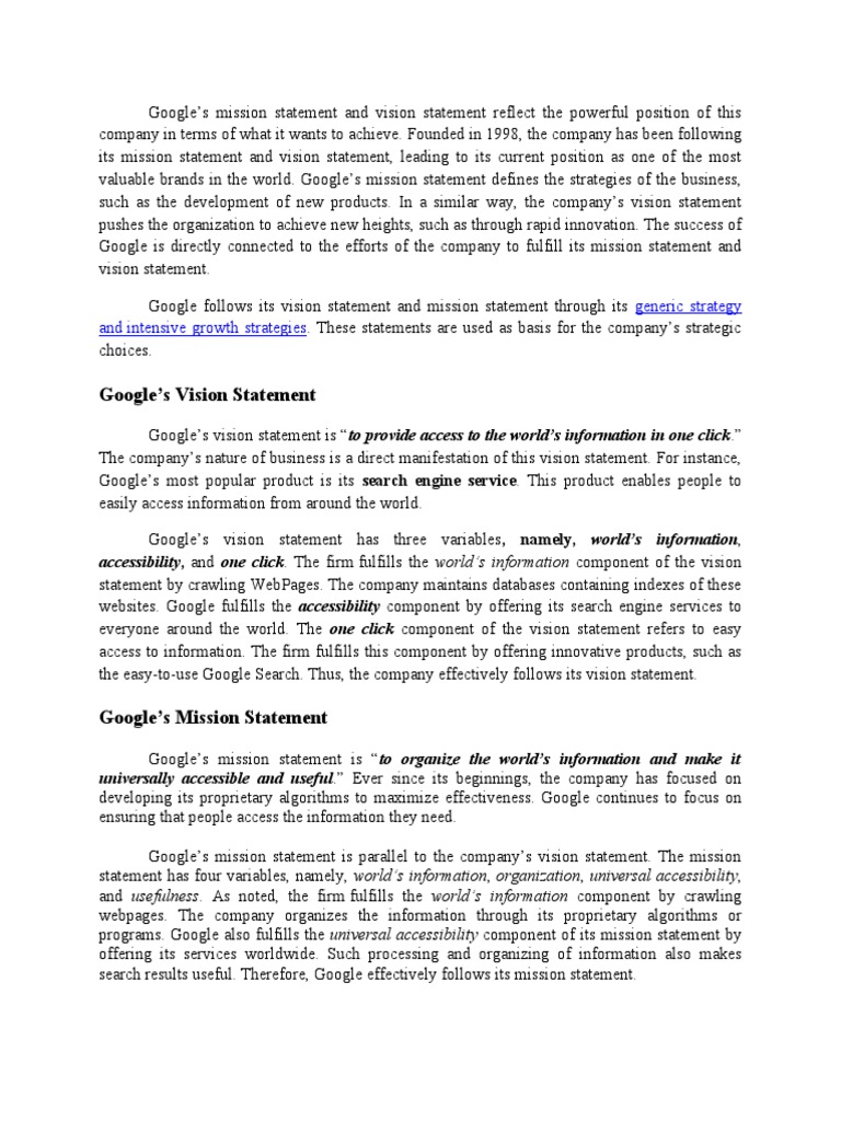 Google's Vision Statement: Generic Strategy and Intensive Growth ...