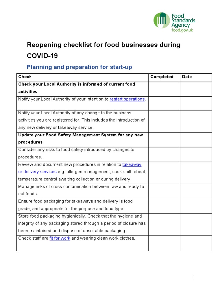 Reopening Checklist For Food Businesses During COVID-19: Planning and ...