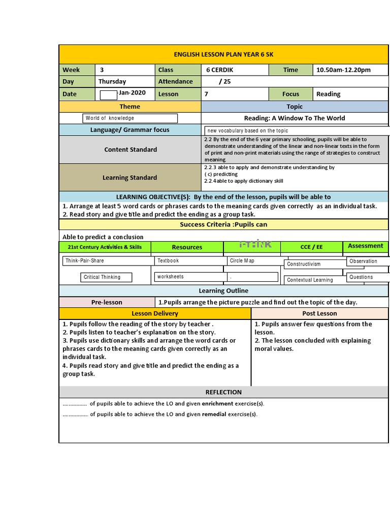 ENGLISH LESSON PLAN YEAR 6 SK Reading | PDF | Lesson Plan | Human ...