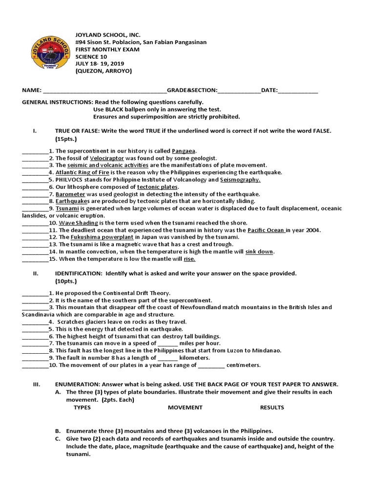 Jhs. Science 10. First Monthly Exam | Download Free PDF | Earthquakes ...