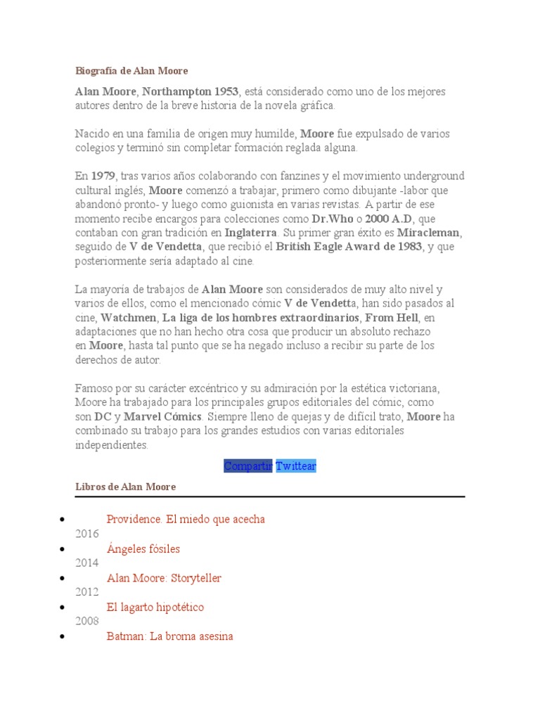 Biografía de Alan Moore y sus obras | PDF