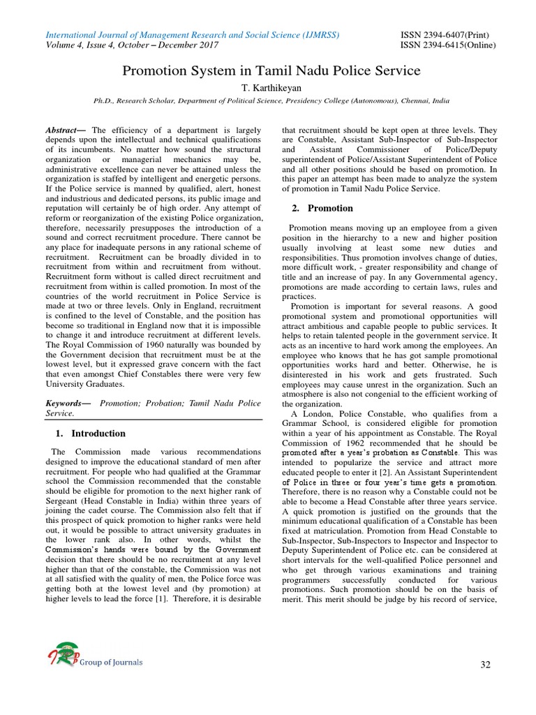 Promotion System in Tamil Nadu Police Service | PDF | Constable | Inspector