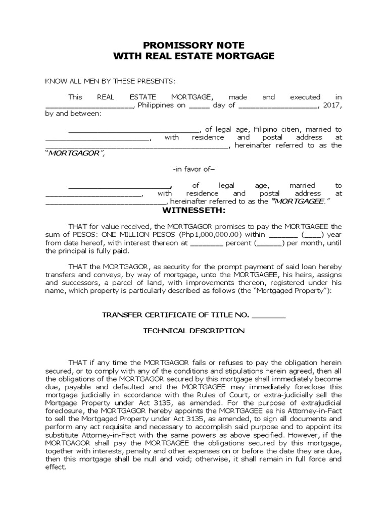 Promissory Note With Real Estate Mortgage | PDF | Mortgage Law | Civil ...