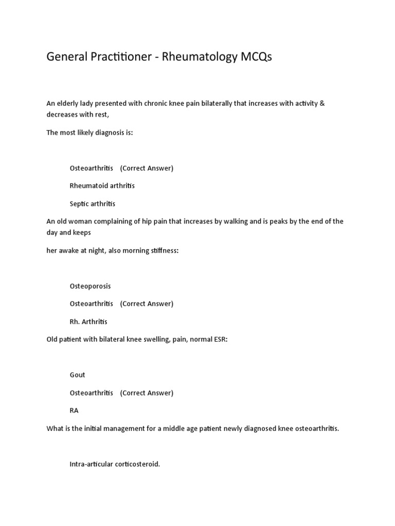 General Practitioner - Rheumatology MCQs | PDF | Arthritis | Rheumatoid ...