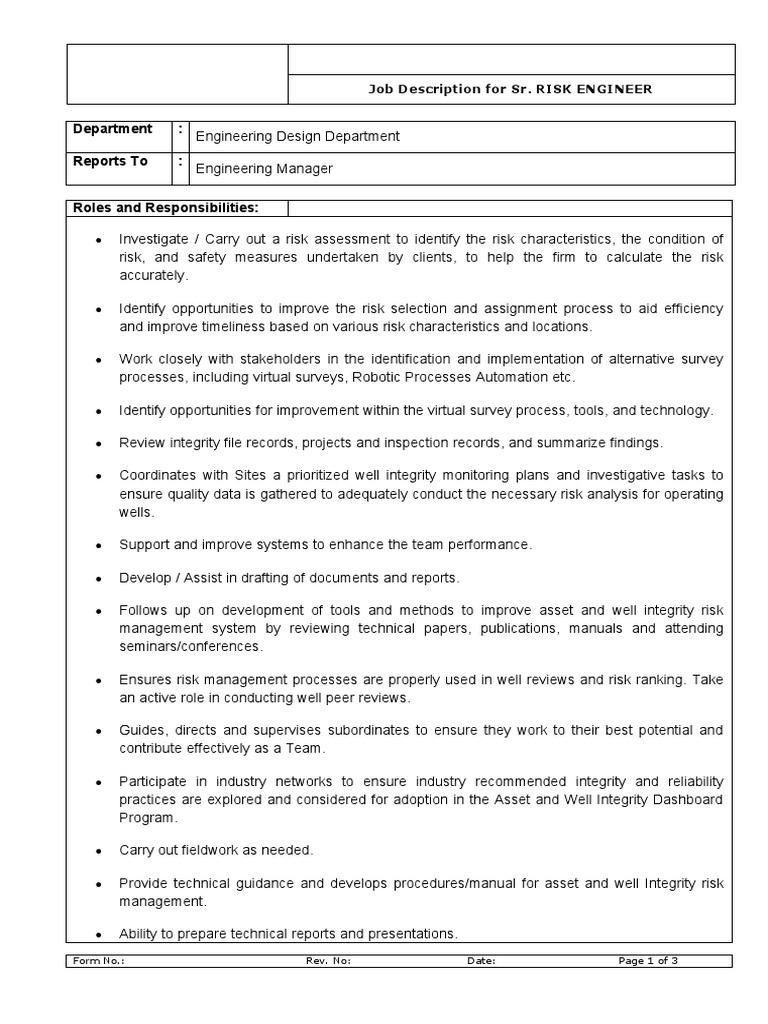 Sample Job Description For Sr. Risk Engineer | PDF | Risk Management | Risk